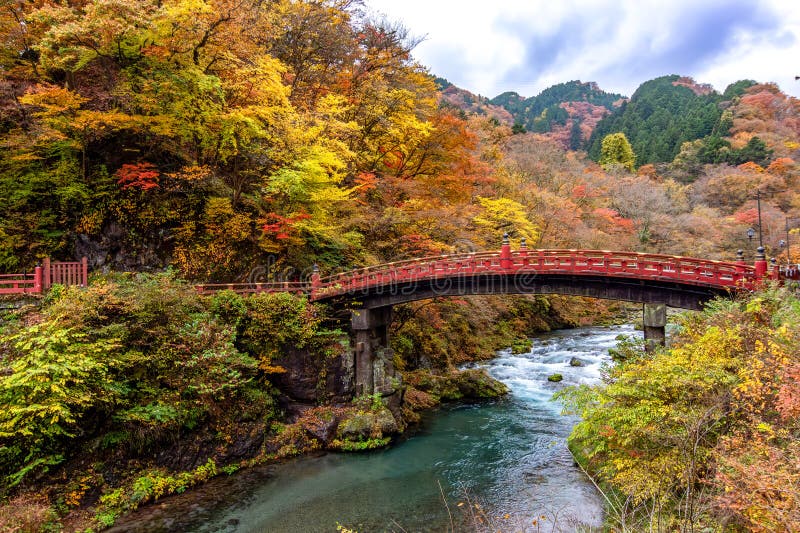 Famous Shinkyo Bridge in Autumn, Nikko, Japan Stock Illustration ...