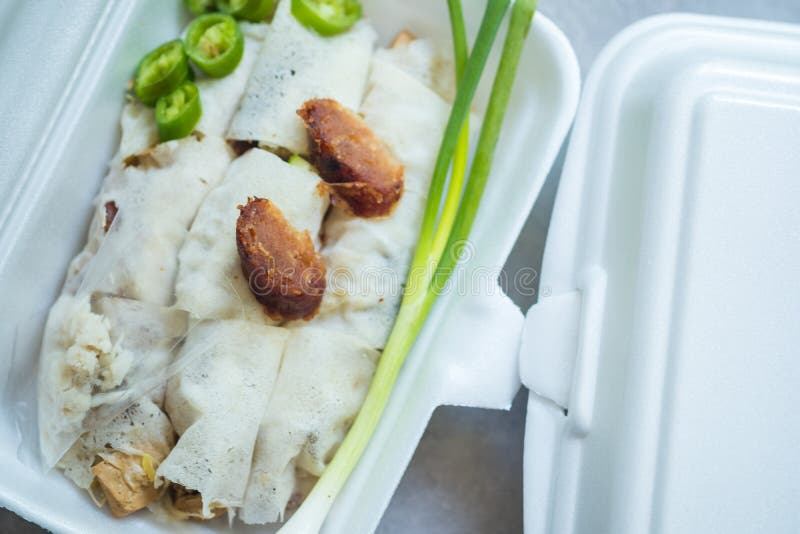 Famous Traditional Thai Fresh Spring Roll Serving in the Foam Box Stock ...