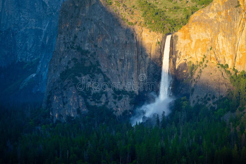 Famous Yosemite Waterfall at Sunset Stock Image - Image of america ...