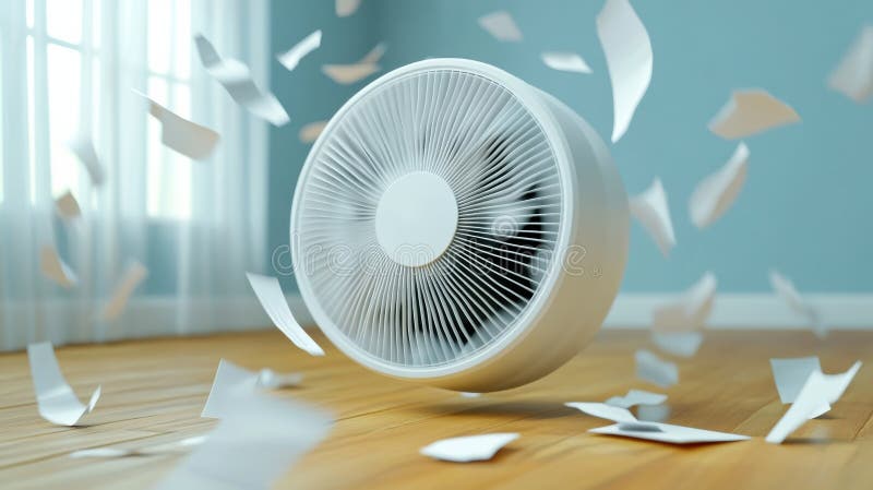 A Fan Blowing Papers Around on a Wooden Floor, AI Stock Photo - Image ...