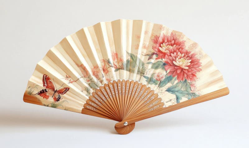 A Fan with a Butterfly and Flowers on it Stock Illustration ...