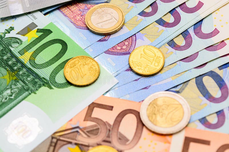 Fan of Euro Banknotes of Different Value and Euro Coins Stock Photo ...