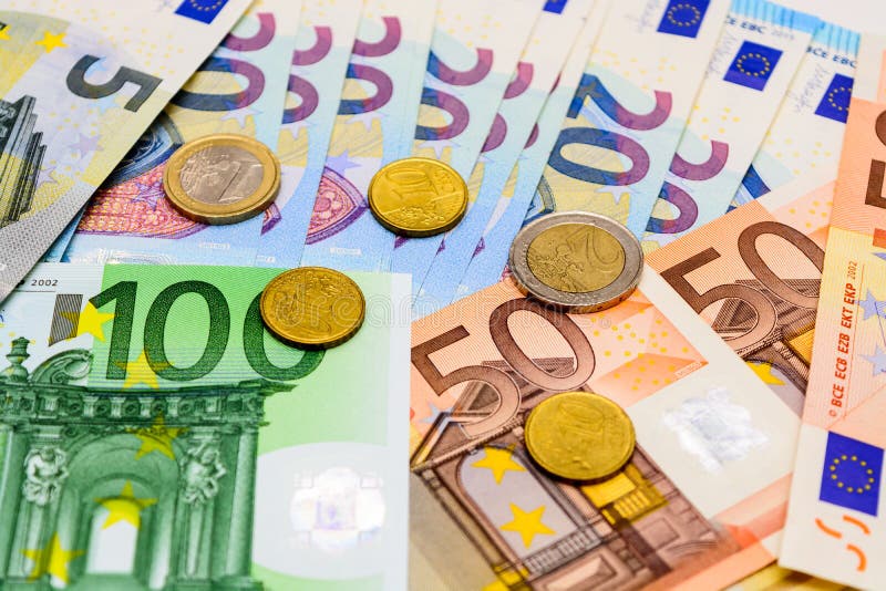 Fan of Euro Banknotes of Different Value and Euro Coins Stock Photo ...