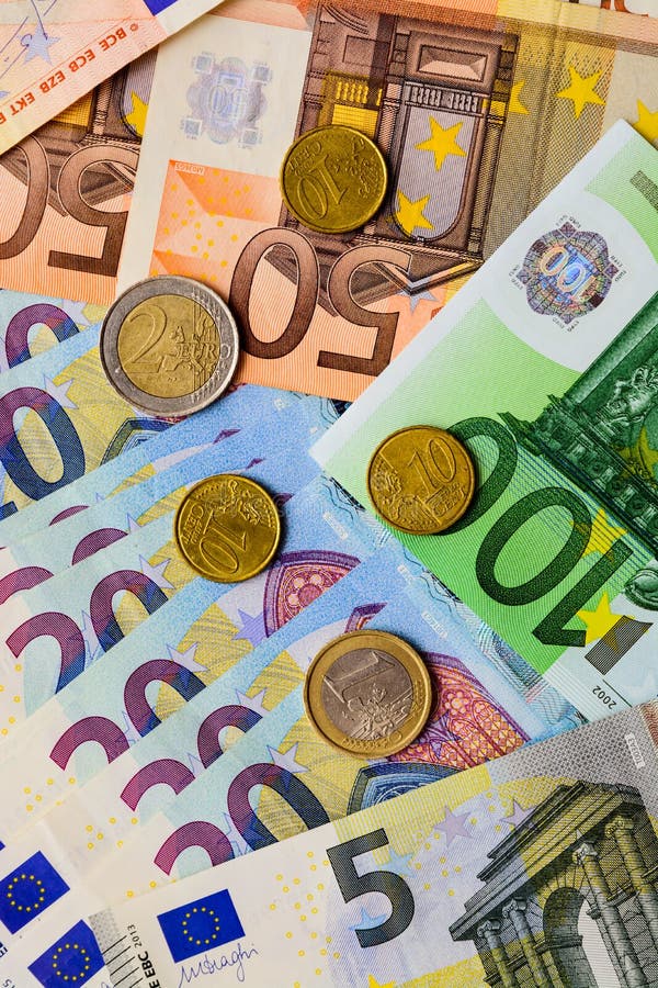 Fan of Euro Banknotes of Different Value and Euro Coins Stock Image ...