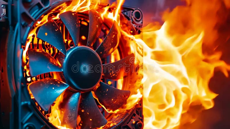 A Computer Case with a Fan on Fire in the Background Stock Footage ...
