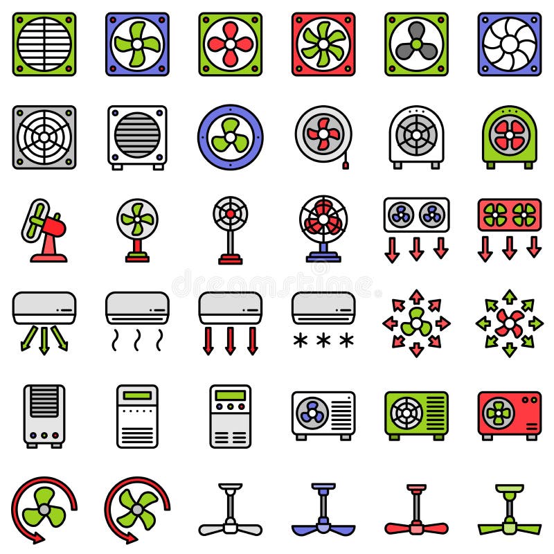 Fan Related Vector Illustration Set, Filled Style Icon Editable Outline ...