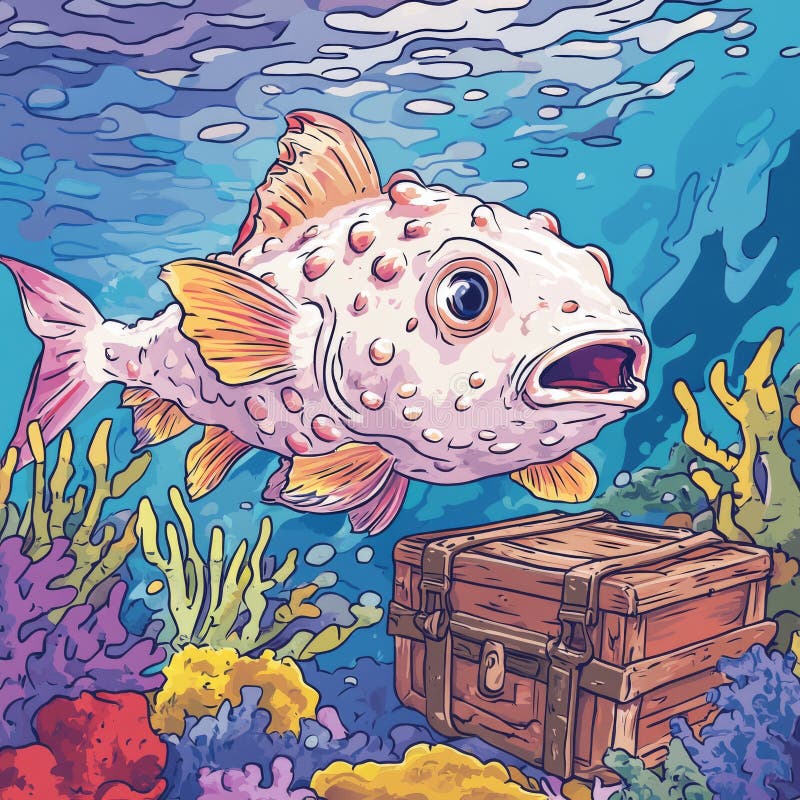 A Fanciful Pufferfish Keeps a Treasure Chest Safe within a Vivid Coral ...