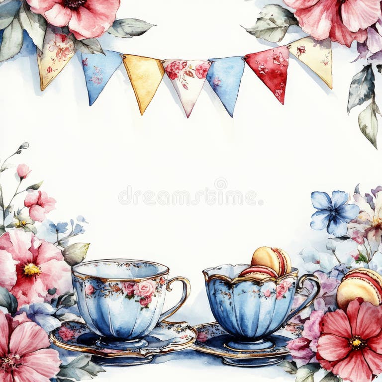 A Fanciful Tea Party Scene Forming a Border Frame, with Copyspace Stock ...