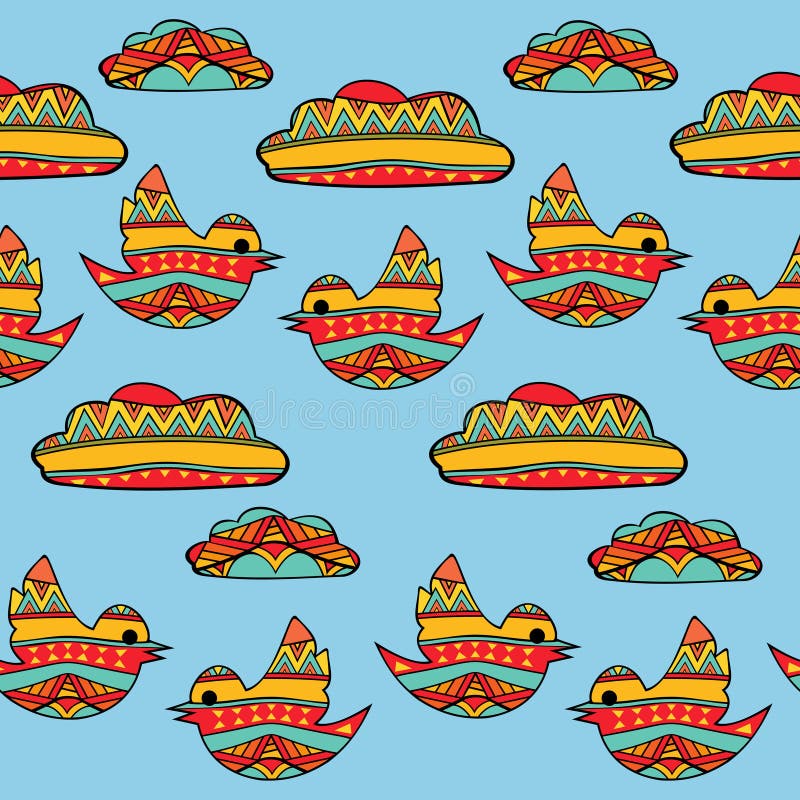 Fancy Birds and Clouds Seamless Pattern Stock Vector - Illustration of ...
