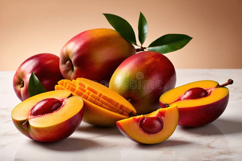 Fancy Cut Ripe Fresh Red Mango Slices and Whole Fruit Stock ...