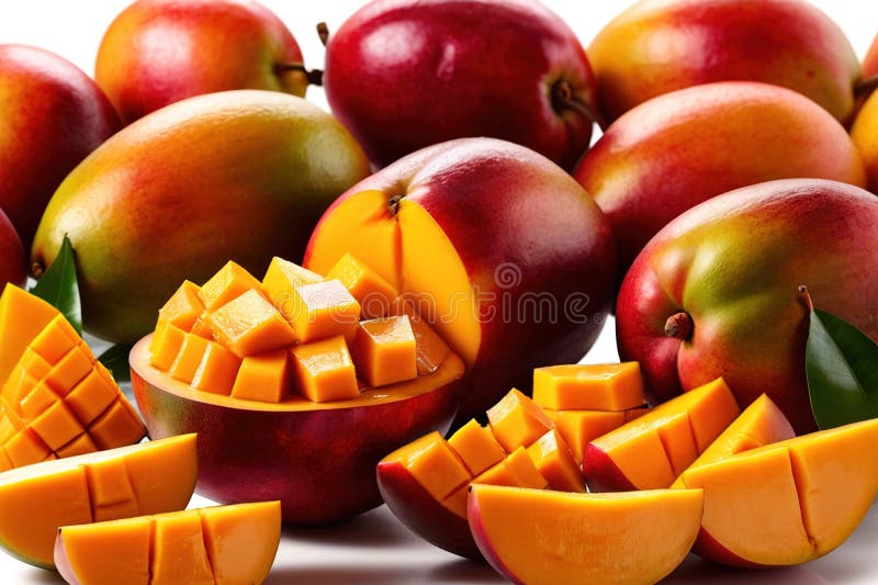 Fancy Cut Ripe Fresh Red Mango Slices and Whole Fruit Stock ...
