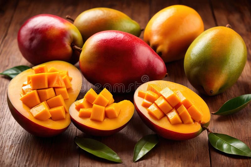 Fancy Cut Ripe Fresh Red Mango Slices and Whole Fruit Stock ...