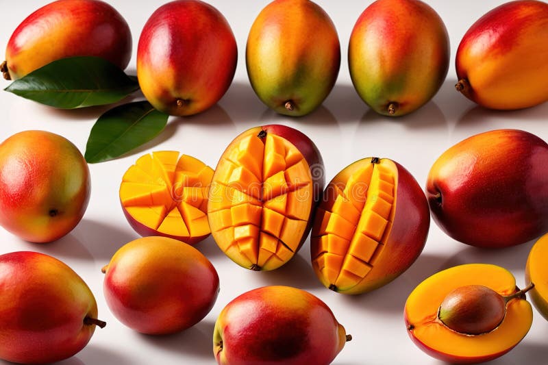 Fancy Cut Ripe Fresh Red Mango Slices and Whole Fruit Stock ...