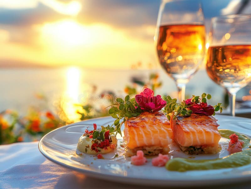 Fancy Dinner with Grilled Salmon with Sunset View. Vacation Mood Stock ...