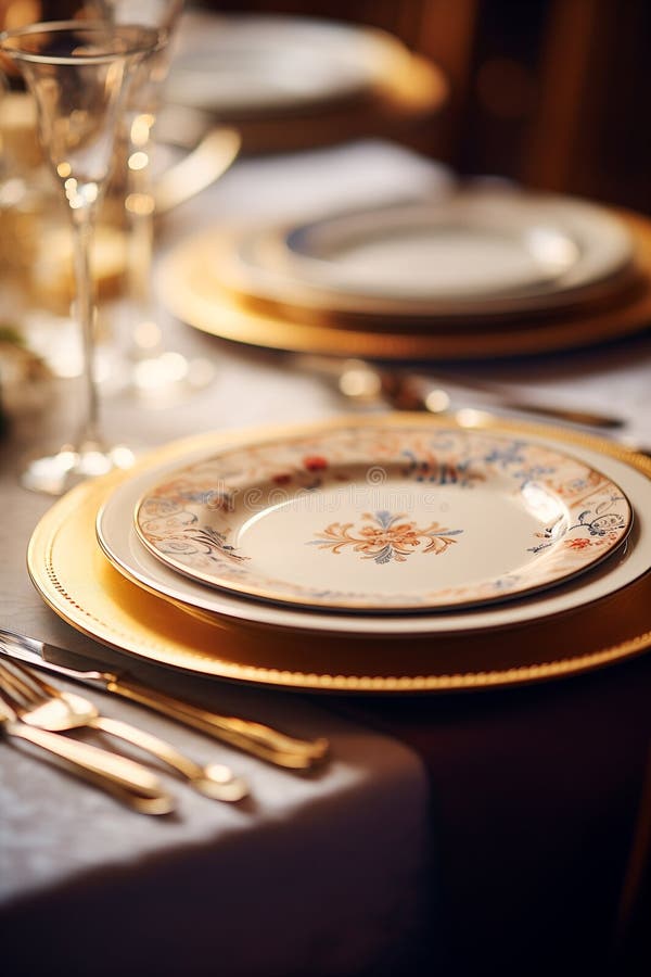 Fancy Dinner Setting with Empty Dishes and Wine Glasses. Stock ...