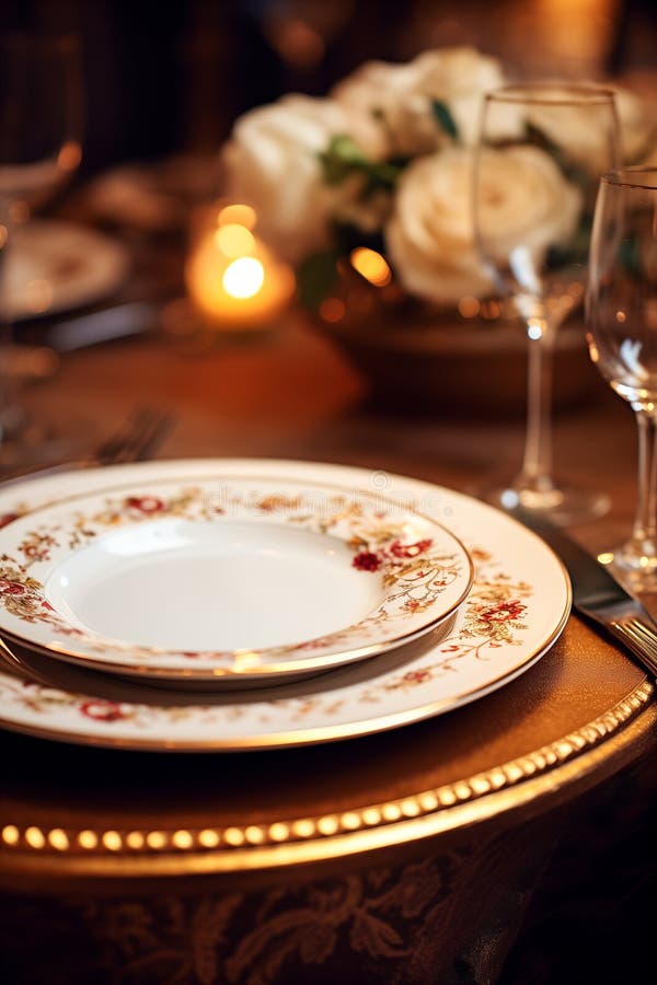 Fancy Dinner Setting with Empty Dishes and Wine Glasses. Stock ...