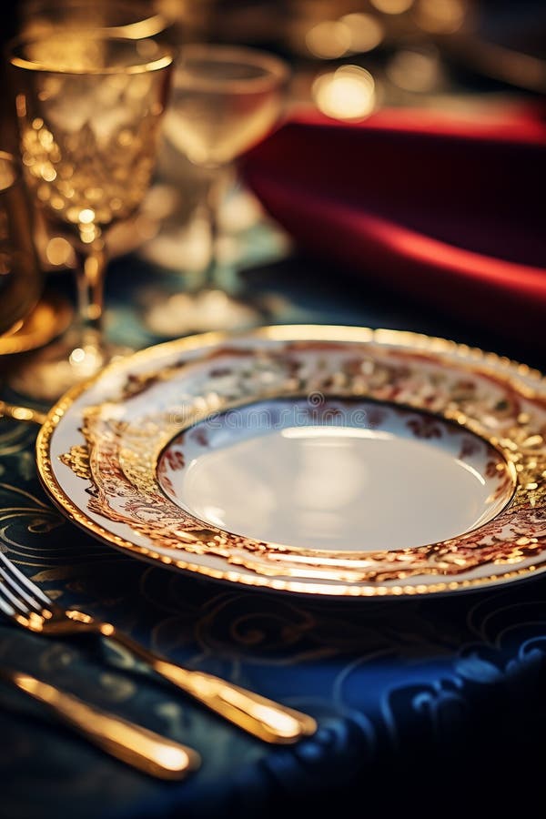 Fancy Dinner Setting with Empty Dishes and Wine Glasses. Stock ...