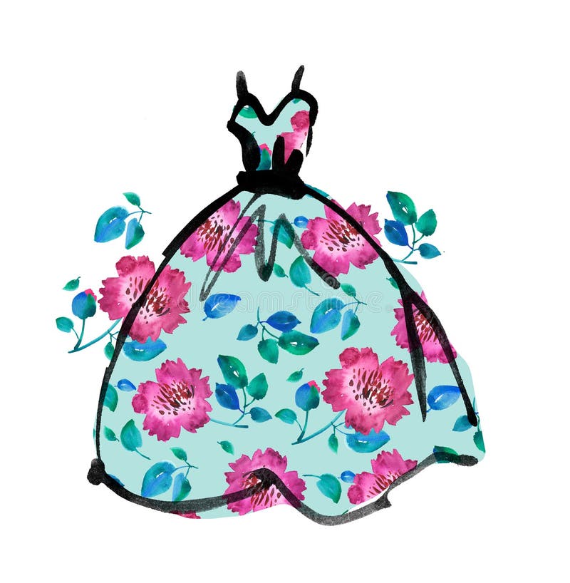 Fancy Dress with Floral Pattern. Stock Illustration - Illustration of ...