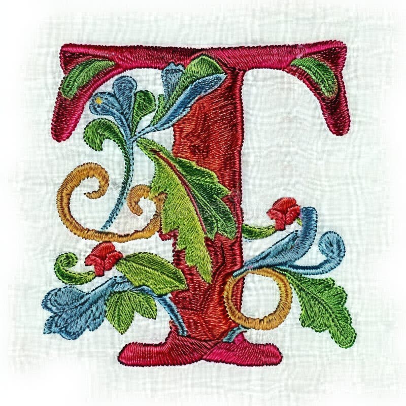 A Fancy Embroidered Letter T with Leaves and Flowers Stock Image ...