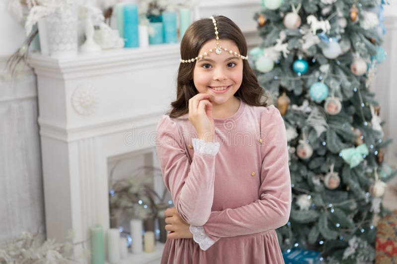 Waiting For Christmas Girl Wear Red Dress Sit Near Christmas Tree