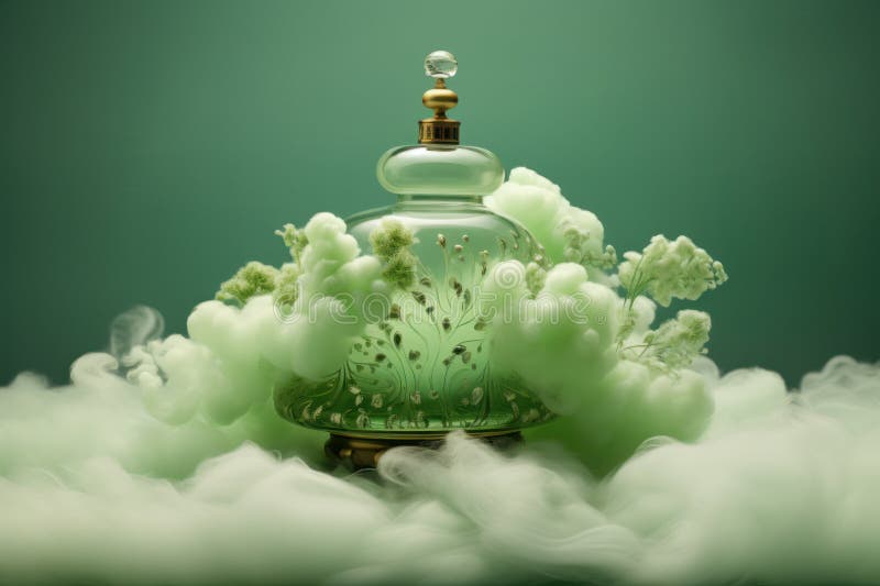 Fancy Glass Perfume Bottles in Green Clouds, Generative AI Stock ...