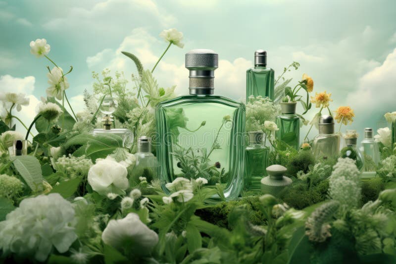 Fancy Glass Perfume Bottles in Green Clouds, Generative AI Stock ...