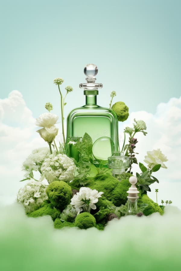Fancy Glass Perfume Bottles in Green Clouds, Generative AI Stock ...
