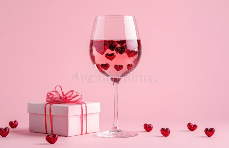 Fancy Glass with Red Glitter Hearts on Pink Stock Image - Image of ...