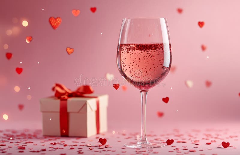 Fancy Glass with Red Glitter Hearts on Pink Stock Image - Image of pink ...
