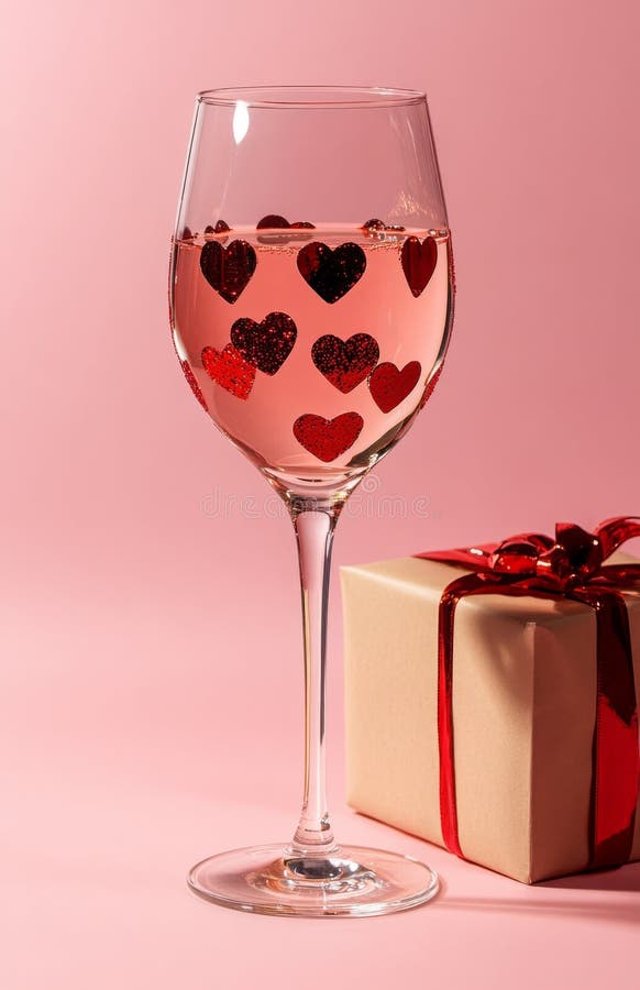 Fancy Glass with Red Glitter Hearts on Pink Stock Image - Image of ...