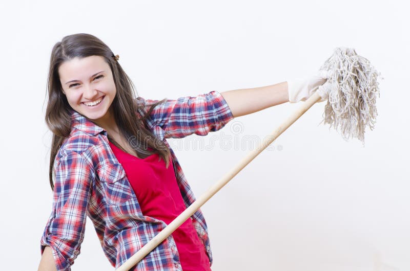 Cute Maid with Mop stock image. Image of attractive, cute - 10053005