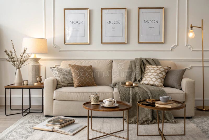 Fancy Interior with Modular Sofa and Poster Frames Stock Illustration ...