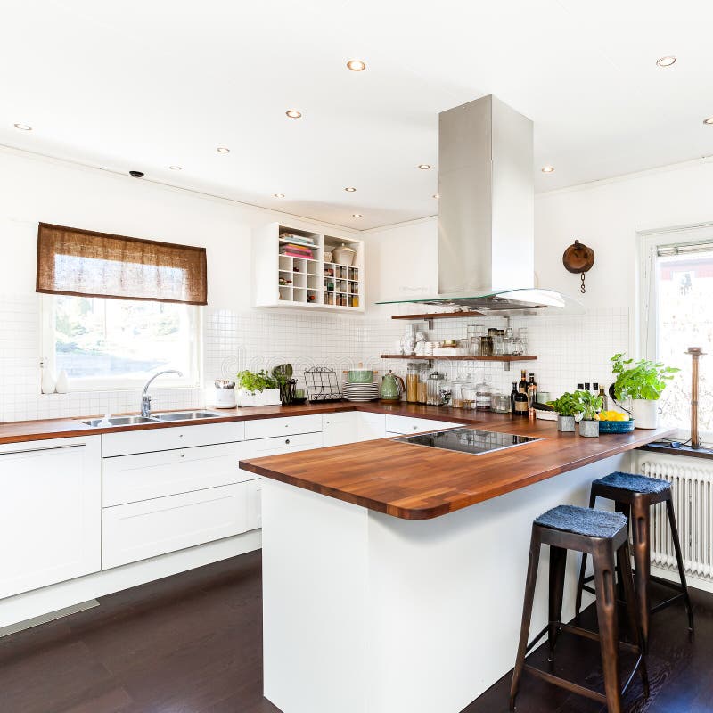 Fancy Kitchen Interior with Wooden Counter Top and Dar Wooden Floor ...