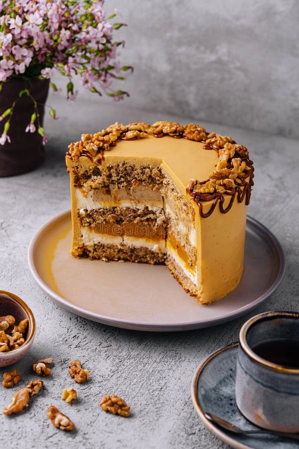 Fancy Layered Walnut Cake with Caramel Stock Photo - Image of walnut ...