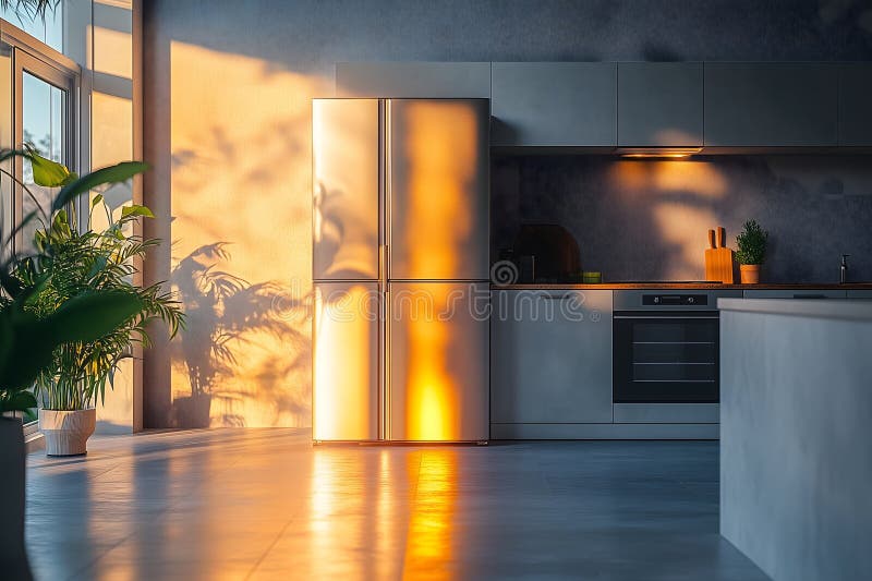 A Fancy, Modern Kitchen during Sunset. the Sunset Light Hits the Double ...