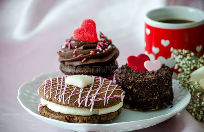 Fancy Pastries and a Red Mug of Coffee Stock Image - Image of filled ...