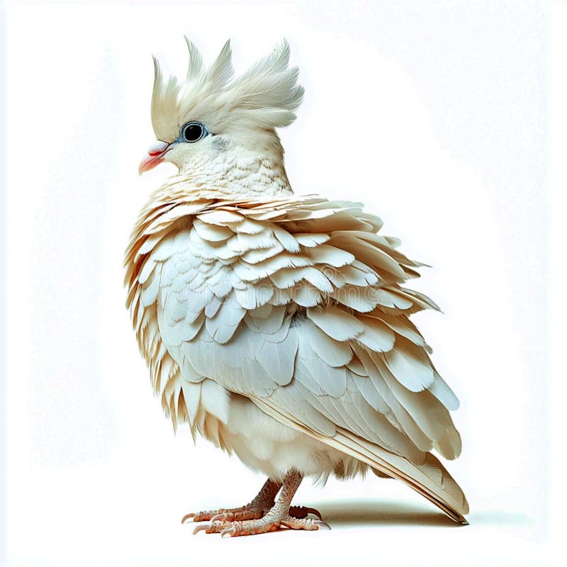 A Fancy Pigeon with White Feathers Standing on a White Surface Alone Isolated on White Bacground ...