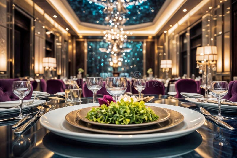 A Fancy Restaurant Table is Set with Plates, Wine Glasses, and ...