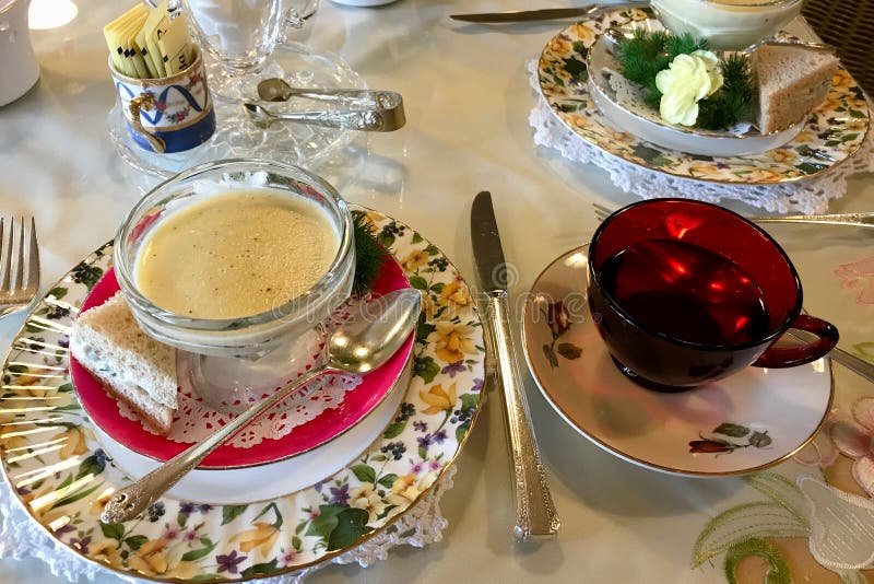 Fancy Table Setting with Soup and Tea Stock Image - Image of tray ...