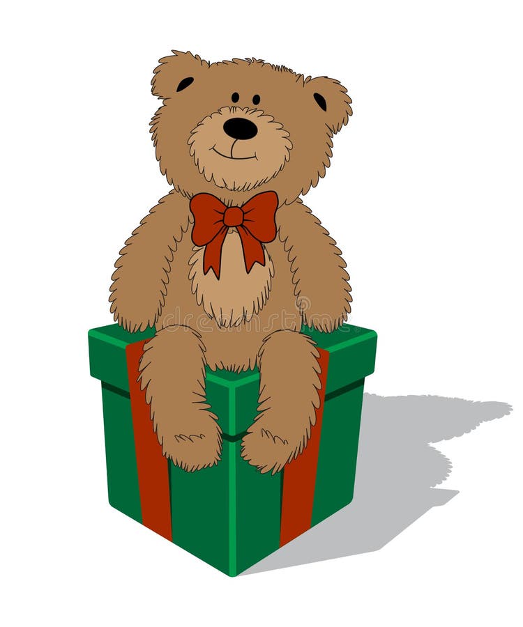 Funny Vector Cartoon Teddy Bear with Bow Sitting on the Gift Box. Stock ...