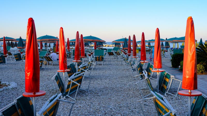 Fano Beach, Marche, Italy. Colorful Umbrellas. Half Open, Half Closed ...