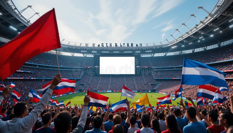 Fans Celebrating with Flags at Stadium for Sporting Event Excitement ...