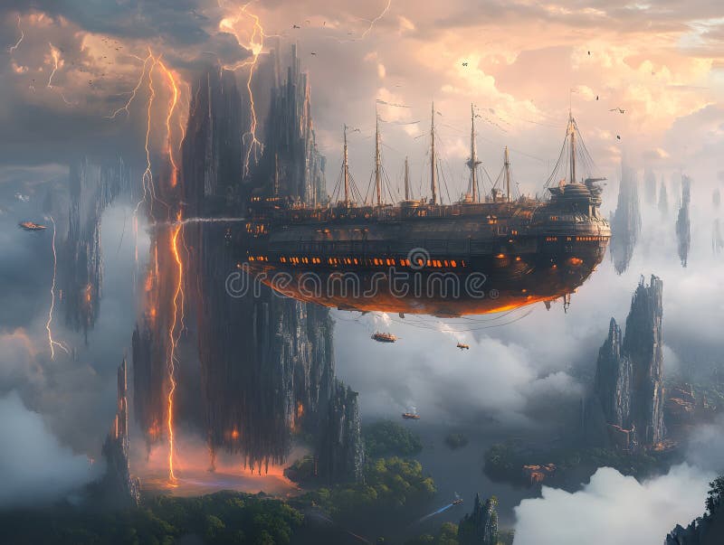 A Fantastic Airship Sailing through a Sky Full of Float Stock ...