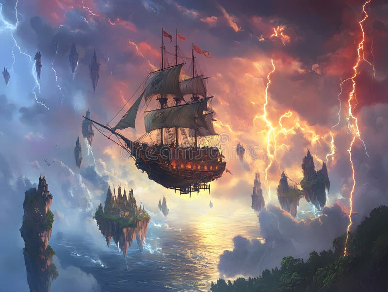 A Fantastic Airship Sailing through a Sky Full of Float Stock ...