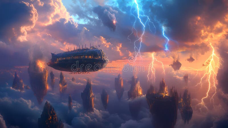 A Fantastic Airship Sailing through a Sky Full of Float Stock ...