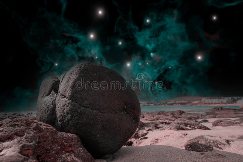 Fantastic Alien Mountain Landscape with Stone Artifact and Space Nebula ...