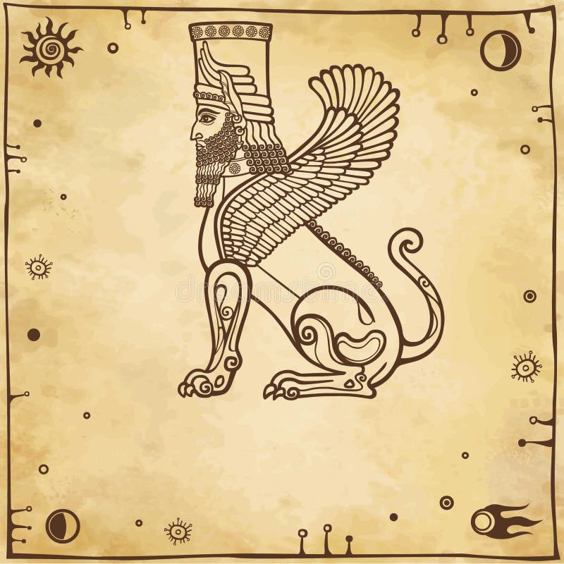 Fantastic Assyrian sphinx. stock vector. Illustration of deity - 68772546