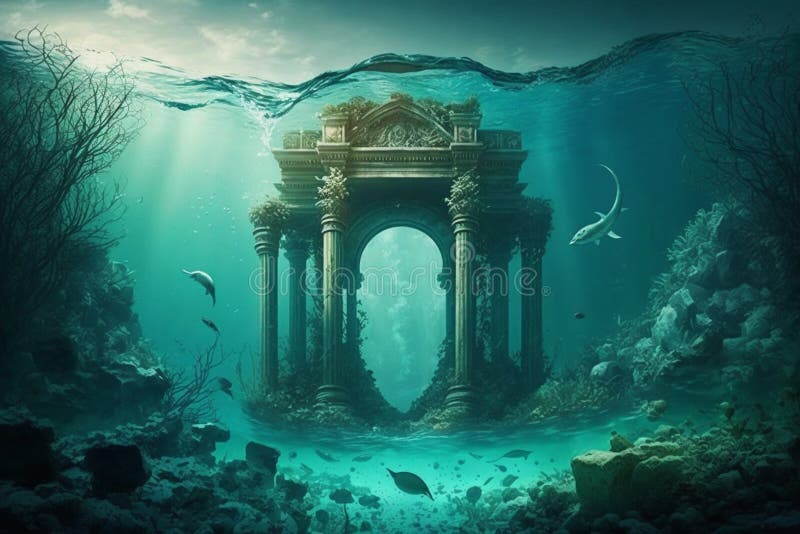 Fantastic Underwater World with Ancient Ruins Illustration Stock ...