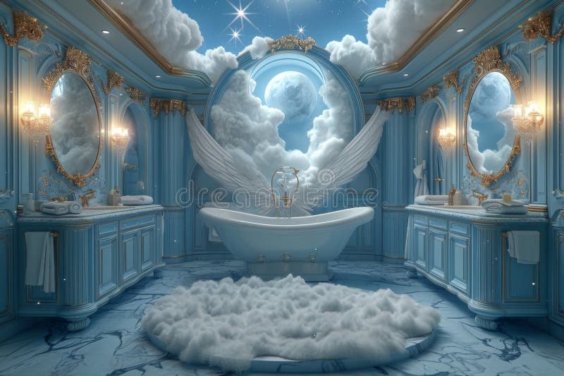 A Fantastic Bath in the Clouds. Surreal Bathroom Interior Stock ...