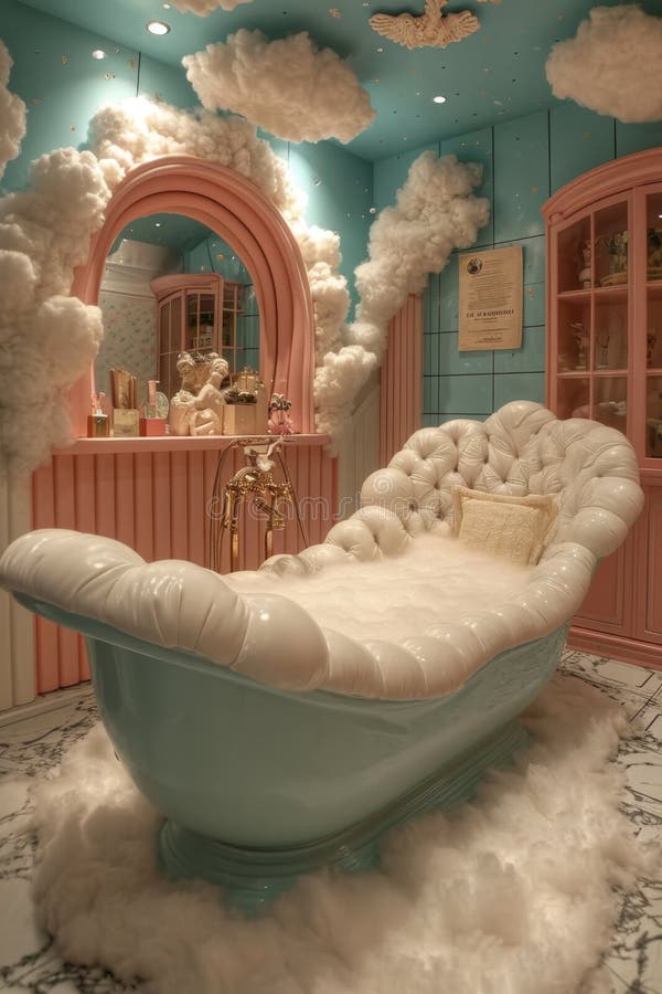 A Fantastic Bath in the Clouds. Surreal Bathroom Interior Stock Image ...